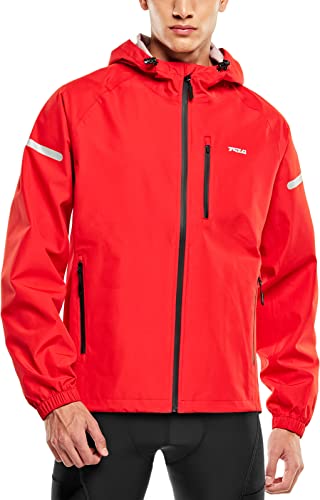 TSLA Men's Cycling Waterproof Jacket, Reflective Hoodie Windbreaker, Packable Bike Rain Jackets with Back Pocket, Cycling Red, Large