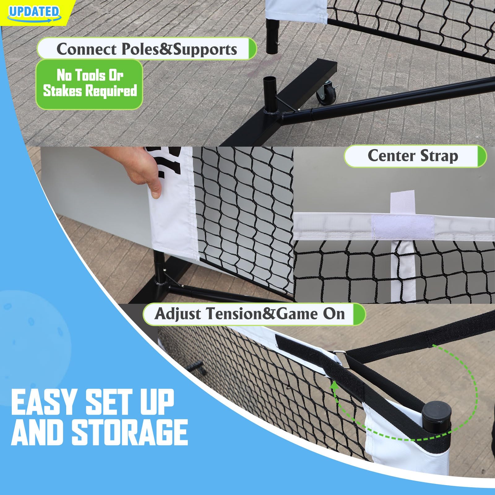 VANCL Badminton Pickleball Net with Wheels Movable, Deluxe Heavy Duty Pickleball Net System 22 Feet Pickleball Net for Driveway, Adjustable Strong Nylon Net Pickleball Net Portable Outdoor