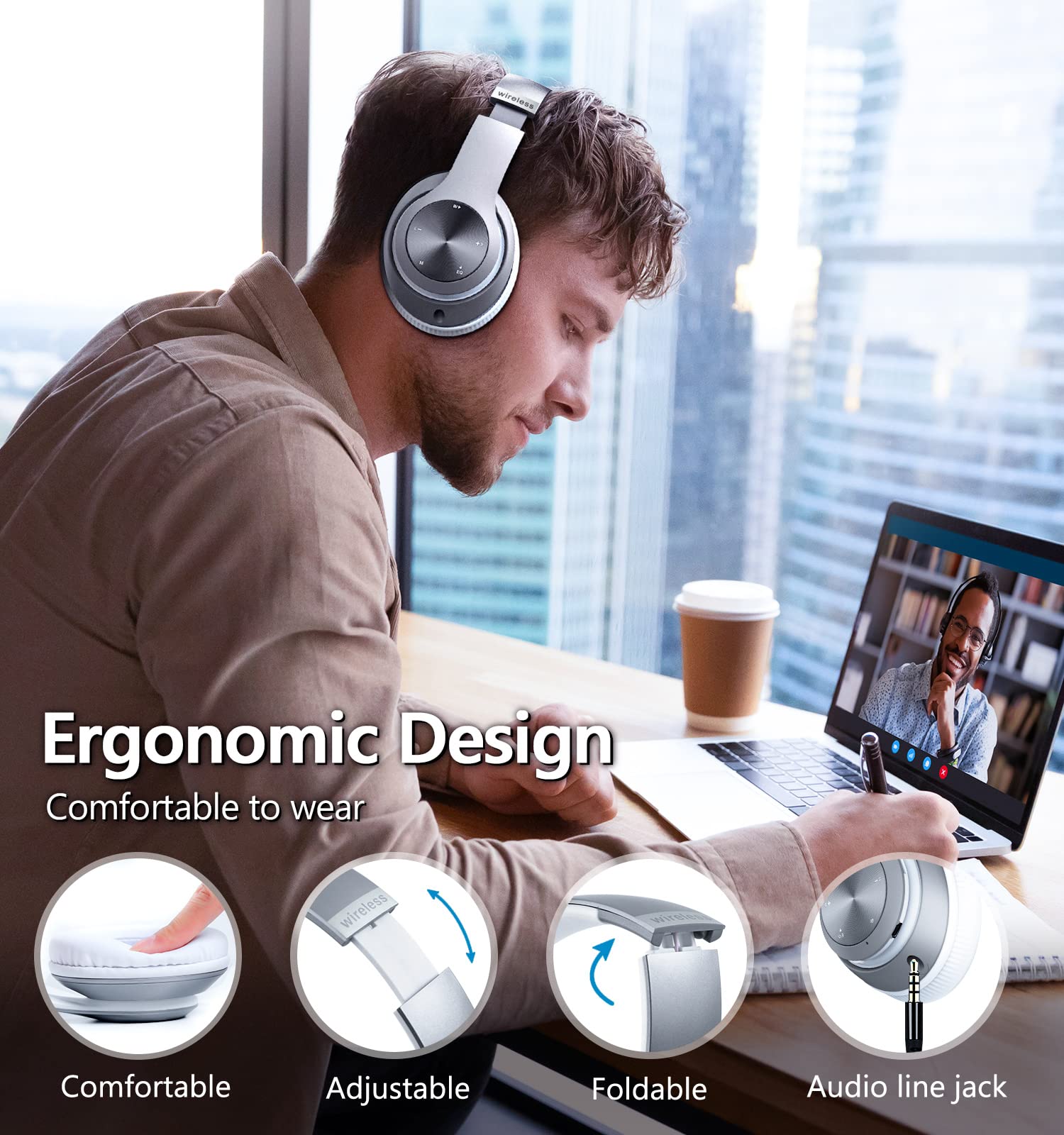 Headphones Wireless Bluetooth,60 Hours Playtime Foldable Lightweight Bluetooth Headphones Wireless Over Ear Wired Hi-Fi Stereo with 6 EQ Modes, Deep Bass Adjustable Headset with Mic, FM, TF for Adults