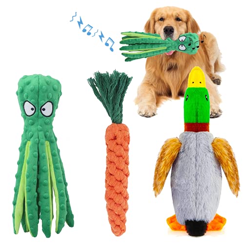 NBiefuny Dog Squeaky Toys Octopus - Crinkle Plush Dog Toys for Puppy Teething, Durable Interactive Dog Chew Toys for Small to Medium Dogs Training and Reduce Boredom, 3 Pack (Green+Octopus)