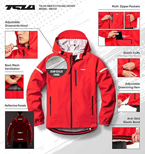 TSLA Men's Cycling Waterproof Jacket, Reflective Hoodie Windbreaker, Packable Bike Rain Jackets with Back Pocket, Cycling Red, Large