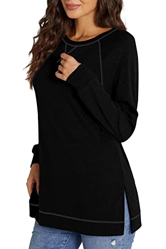 NILOUFO Womens Long Sleeve T Shirts Casual Blouses Trendy Tops Side Split Tunics(Black, X-Large)