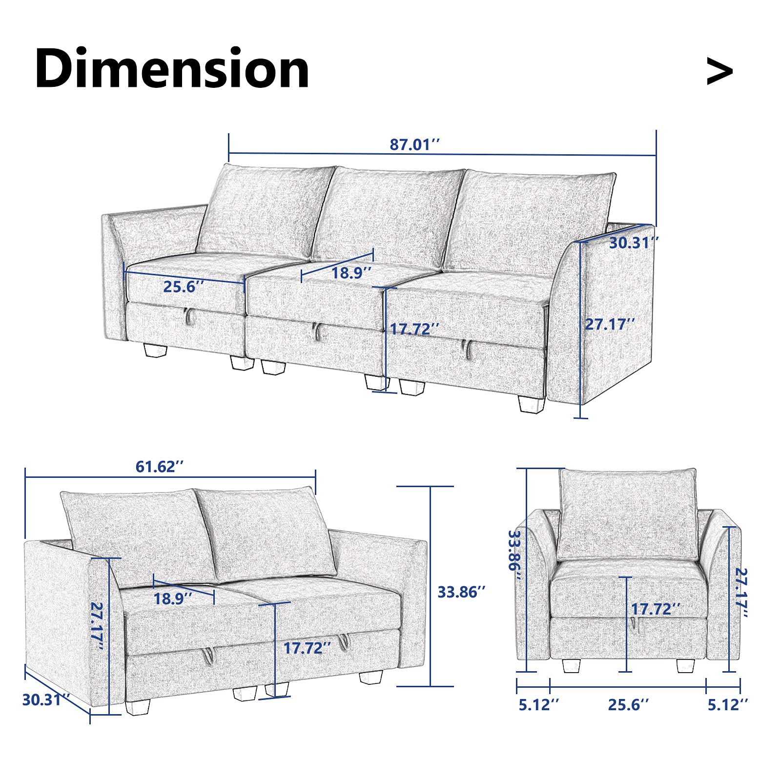 HONBAY Modern Fabric Living Room Furniture Sets 3 Pieces Sofa Loveseat and Armchair Set Modular Sofa Sectional Couch Set in Aqua Blue