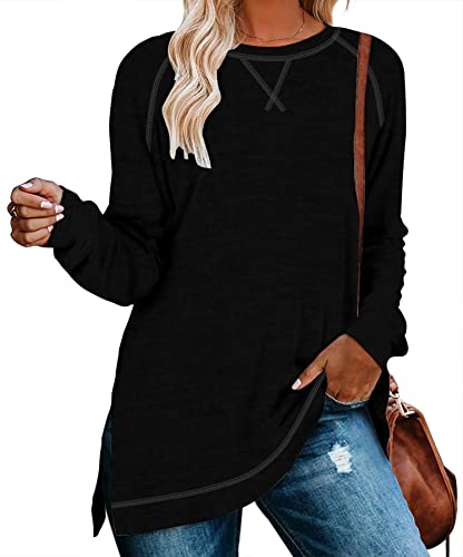 NILOUFO Womens Long Sleeve T Shirts Casual Blouses Trendy Tops Side Split Tunics(Black, X-Large)