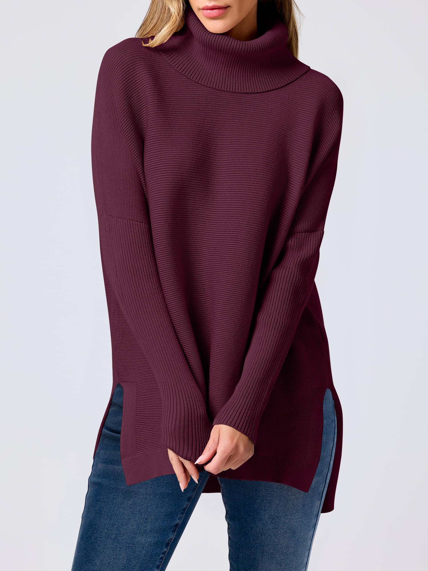 ANRABESS Women's Oversized Turtleneck Batwing Sleeve Spilt Casual Loose Knit Tunic Pullover Sweater Tops 2025 Fall Outfits Wine Red Small