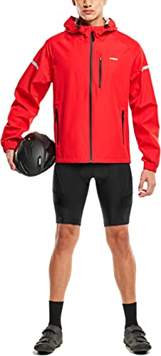 TSLA Men's Cycling Waterproof Jacket, Reflective Hoodie Windbreaker, Packable Bike Rain Jackets with Back Pocket, Cycling Red, Large