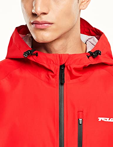 TSLA Men's Cycling Waterproof Jacket, Reflective Hoodie Windbreaker, Packable Bike Rain Jackets with Back Pocket, Cycling Red, Large
