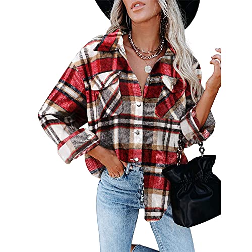 Women Classic Flannel Plaid Jacket Button Down Boyfriend Long Sleeve Lapel Shirts Casual Blouses Tops (Red, Small)