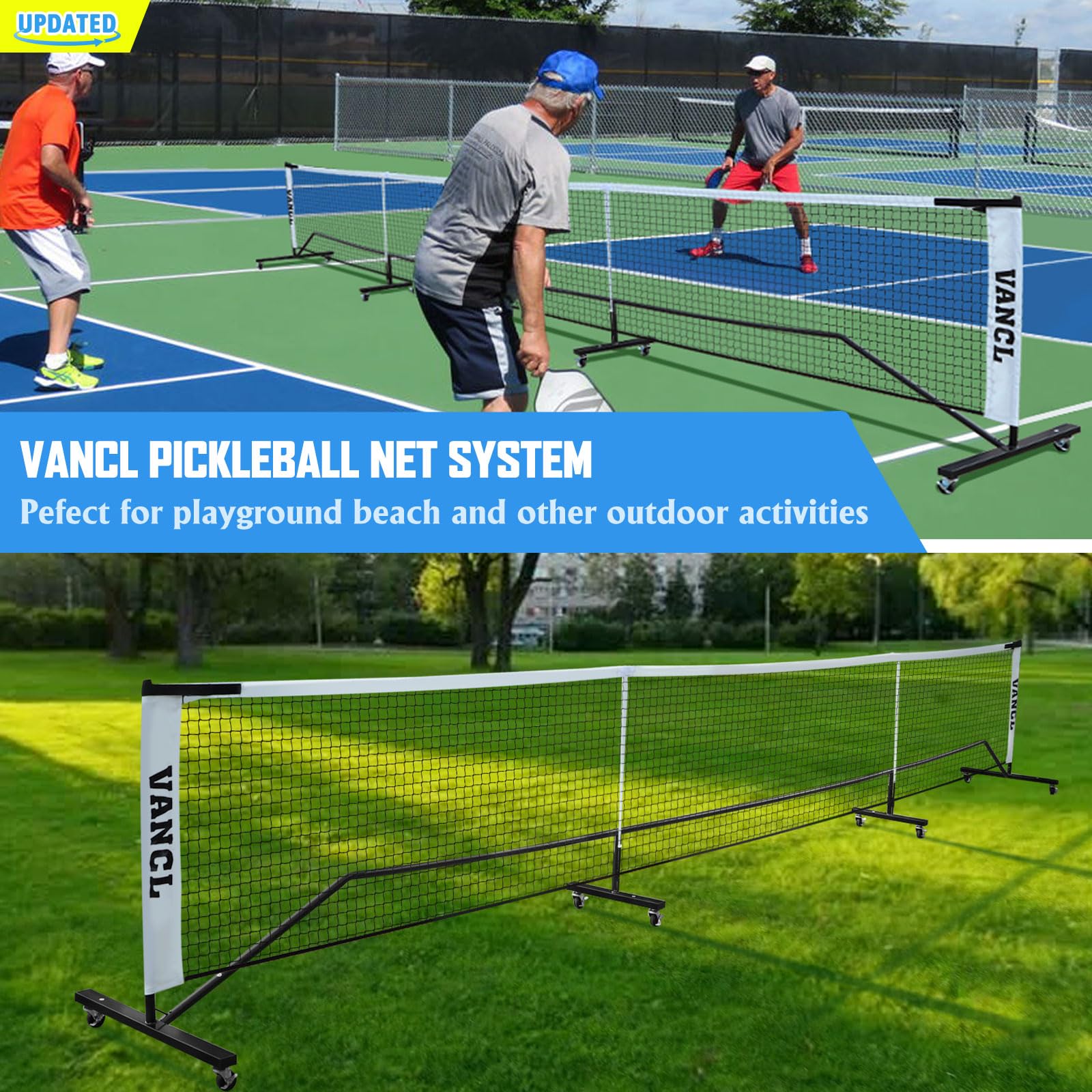 VANCL Badminton Pickleball Net with Wheels Movable, Deluxe Heavy Duty Pickleball Net System 22 Feet Pickleball Net for Driveway, Adjustable Strong Nylon Net Pickleball Net Portable Outdoor
