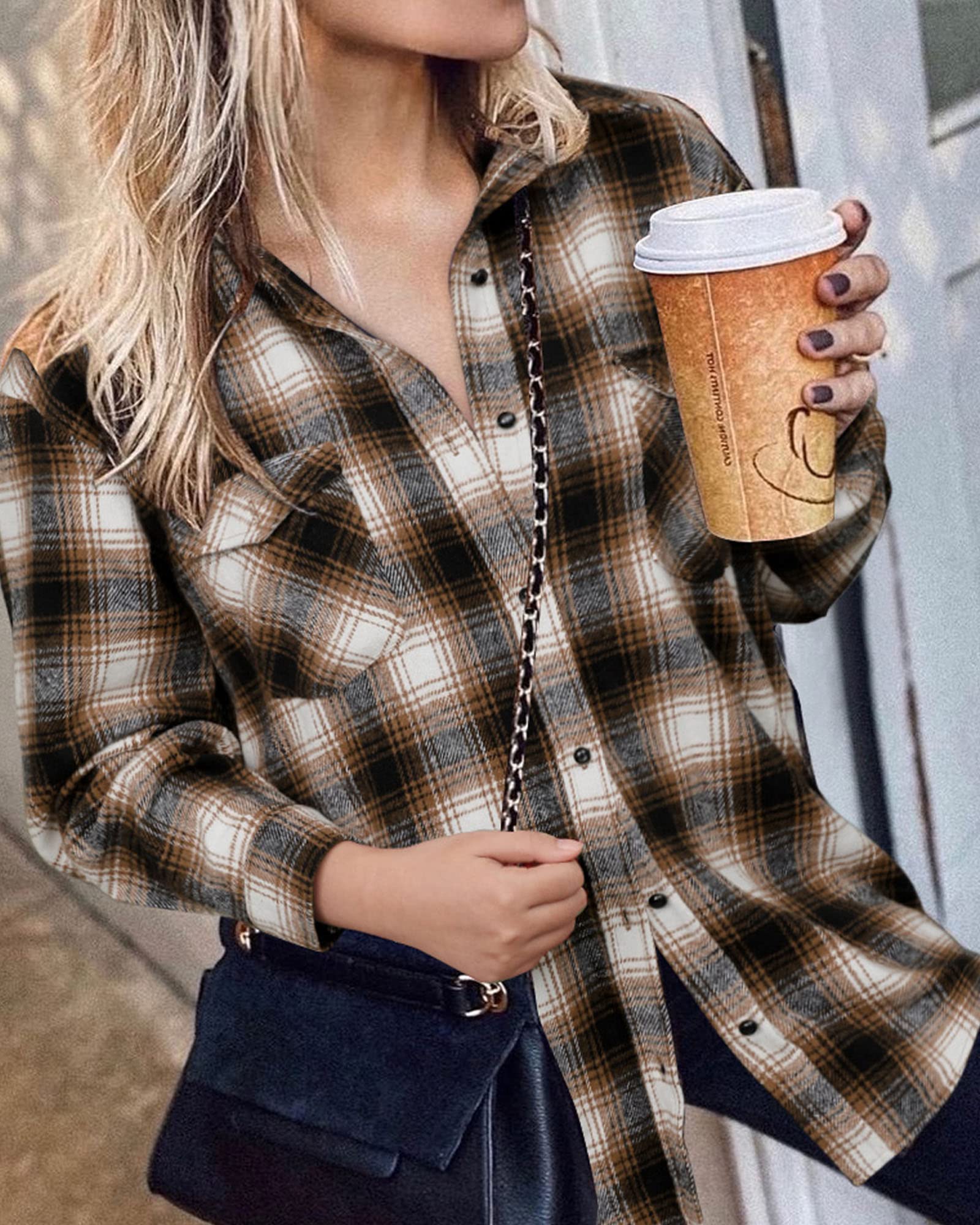 BTFBM Womens Plaid Jacket Long Sleeve Button Down Casual Flannel Shacket Shirts Loose Fall Spring Blouses Tops 2025(Plaid Brown, Large)