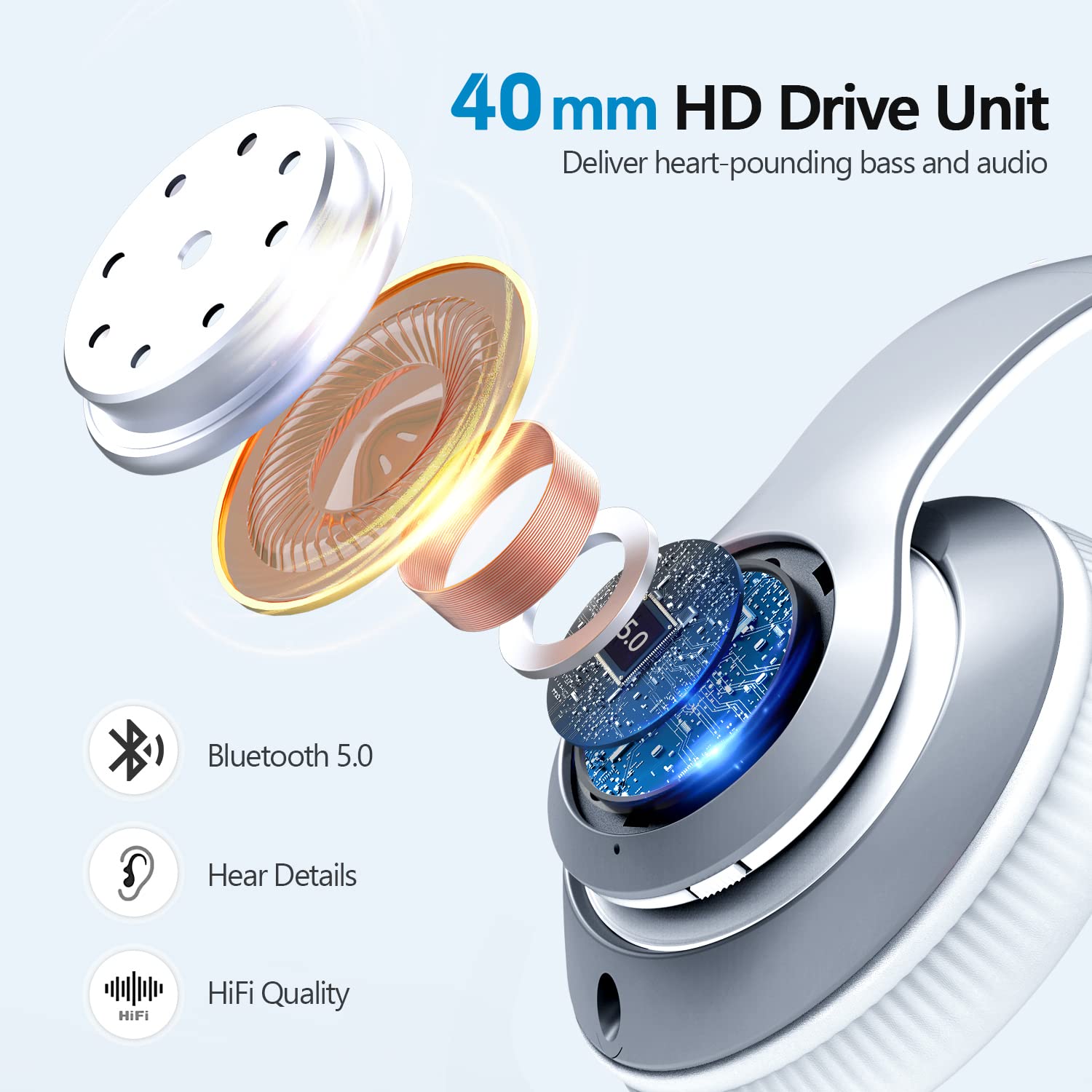 Headphones Wireless Bluetooth,60 Hours Playtime Foldable Lightweight Bluetooth Headphones Wireless Over Ear Wired Hi-Fi Stereo with 6 EQ Modes, Deep Bass Adjustable Headset with Mic, FM, TF for Adults