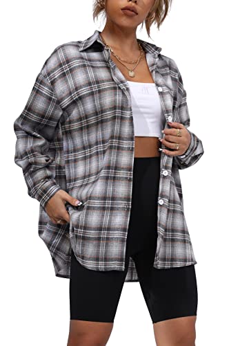 LYANER Women's Long Sleeve Plaid Collar Button Down Boyfriend Shirt Blouse Top Grey 3X-Large
