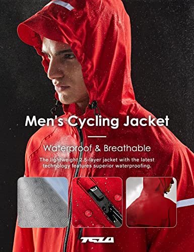 TSLA Men's Cycling Waterproof Jacket, Reflective Hoodie Windbreaker, Packable Bike Rain Jackets with Back Pocket, Cycling Red, Large
