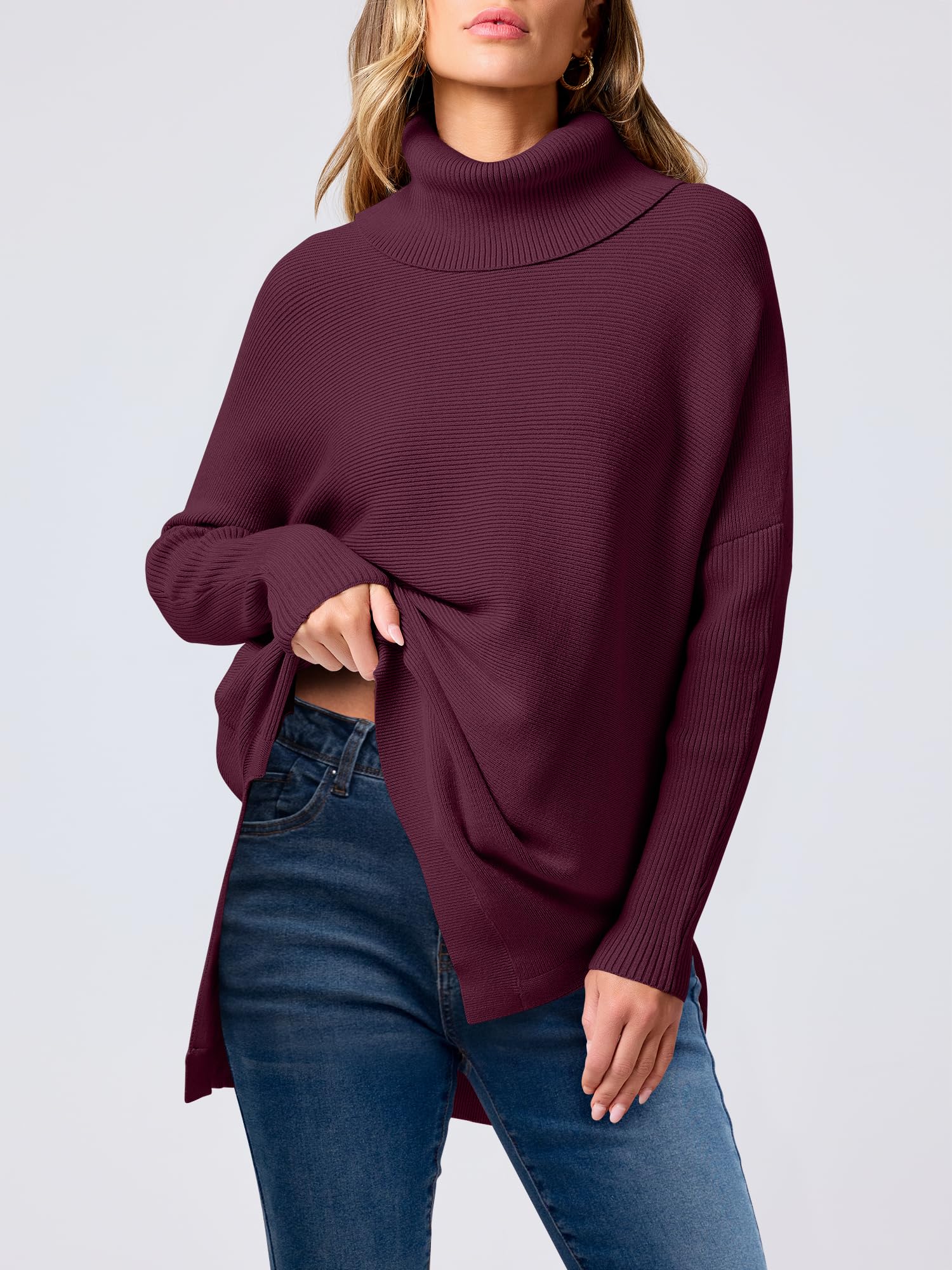 ANRABESS Women's Oversized Turtleneck Batwing Sleeve Spilt Casual Loose Knit Tunic Pullover Sweater Tops 2025 Fall Outfits Wine Red Small