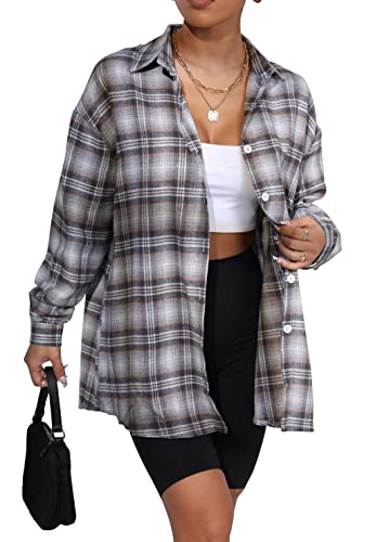 LYANER Women's Long Sleeve Plaid Collar Button Down Boyfriend Shirt Blouse Top Grey 3X-Large