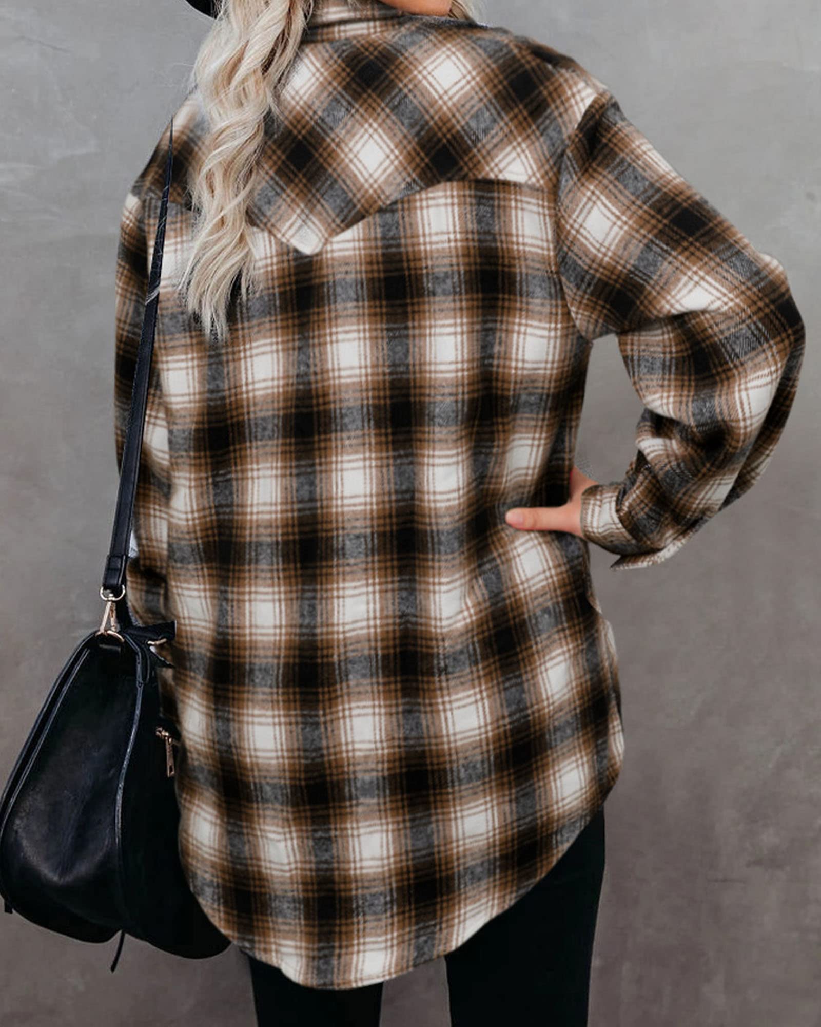 BTFBM Womens Plaid Jacket Long Sleeve Button Down Casual Flannel Shacket Shirts Loose Fall Spring Blouses Tops 2025(Plaid Brown, Large)