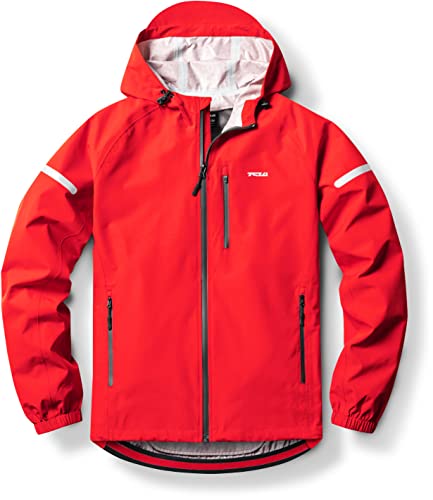 TSLA Men's Cycling Waterproof Jacket, Reflective Hoodie Windbreaker, Packable Bike Rain Jackets with Back Pocket, Cycling Red, Large