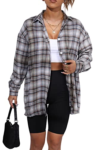 LYANER Women's Long Sleeve Plaid Collar Button Down Boyfriend Shirt Blouse Top Grey 3X-Large