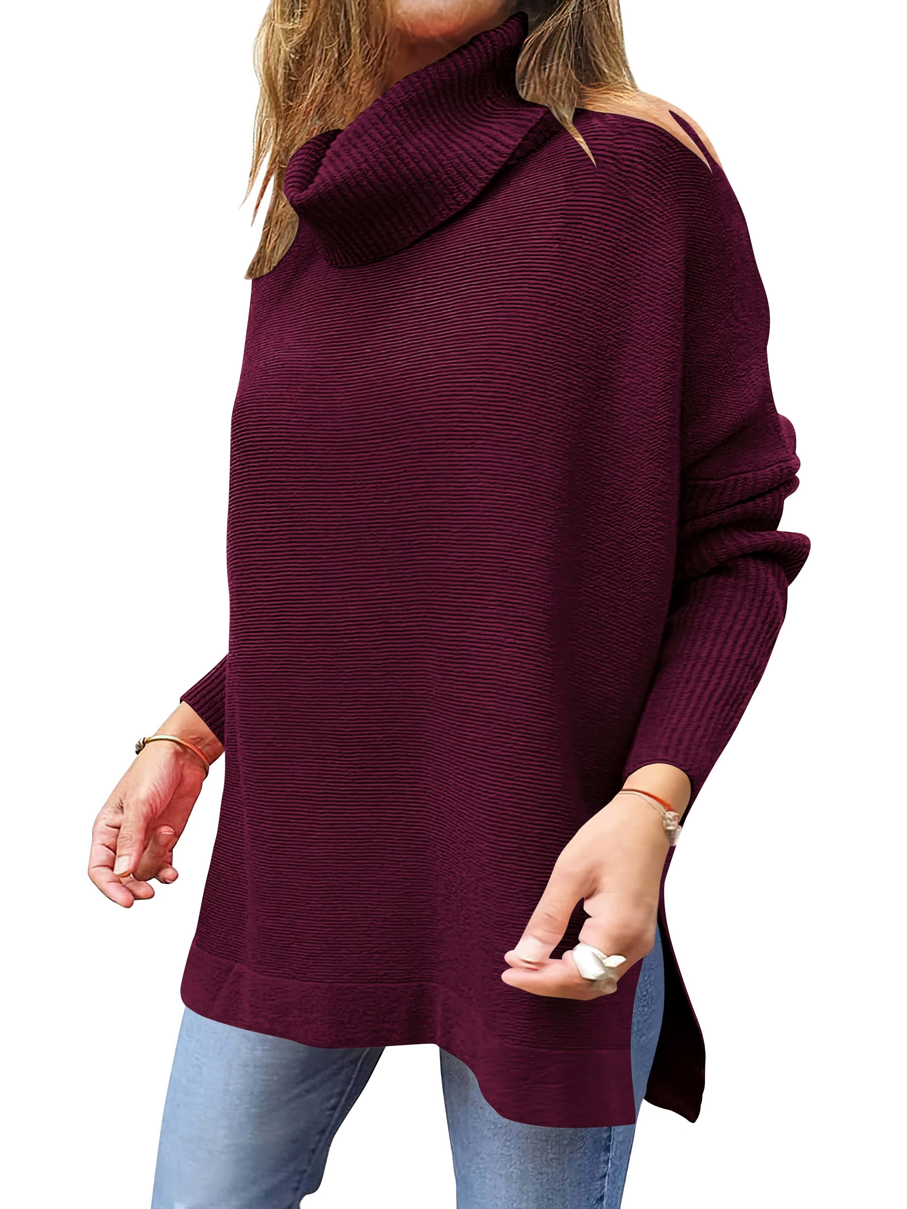 ANRABESS Women's Oversized Turtleneck Batwing Sleeve Spilt Casual Loose Knit Tunic Pullover Sweater Tops 2025 Fall Outfits Wine Red Small