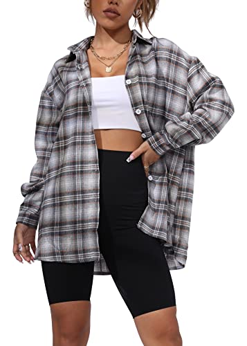 LYANER Women's Long Sleeve Plaid Collar Button Down Boyfriend Shirt Blouse Top Grey 3X-Large