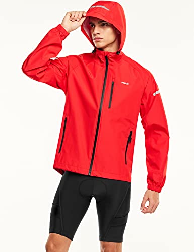 TSLA Men's Cycling Waterproof Jacket, Reflective Hoodie Windbreaker, Packable Bike Rain Jackets with Back Pocket, Cycling Red, Large