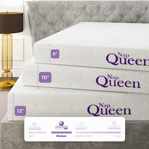 NapQueen 10 Inch Cooling Gel Full Size Medium Firm Memory Foam Mattress, Bed in a Box, White