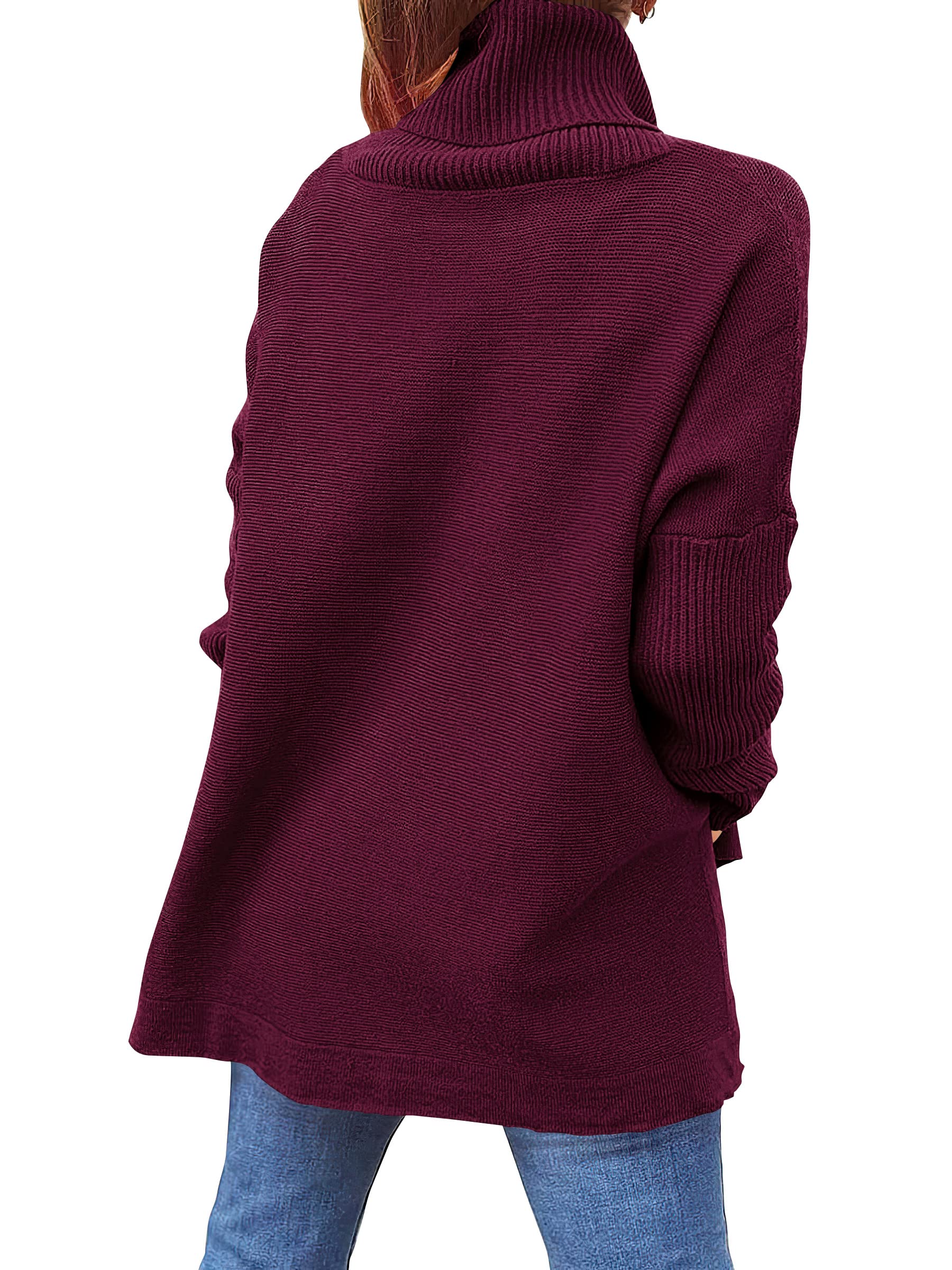 ANRABESS Women's Oversized Turtleneck Batwing Sleeve Spilt Casual Loose Knit Tunic Pullover Sweater Tops 2025 Fall Outfits Wine Red Small