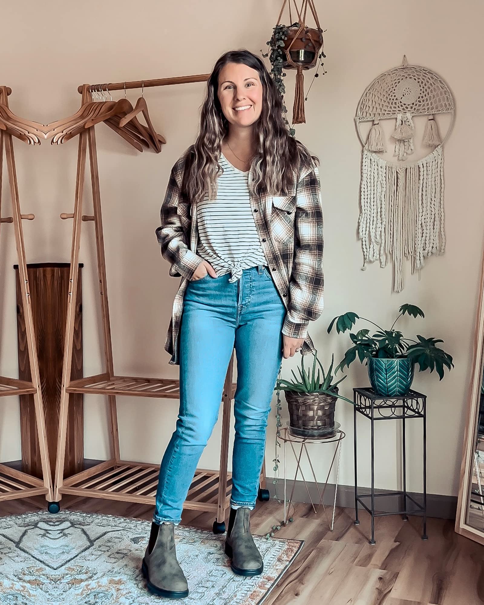 BTFBM Womens Plaid Jacket Long Sleeve Button Down Casual Flannel Shacket Shirts Loose Fall Spring Blouses Tops 2025(Plaid Brown, Large)