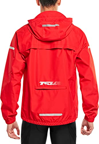 TSLA Men's Cycling Waterproof Jacket, Reflective Hoodie Windbreaker, Packable Bike Rain Jackets with Back Pocket, Cycling Red, Large