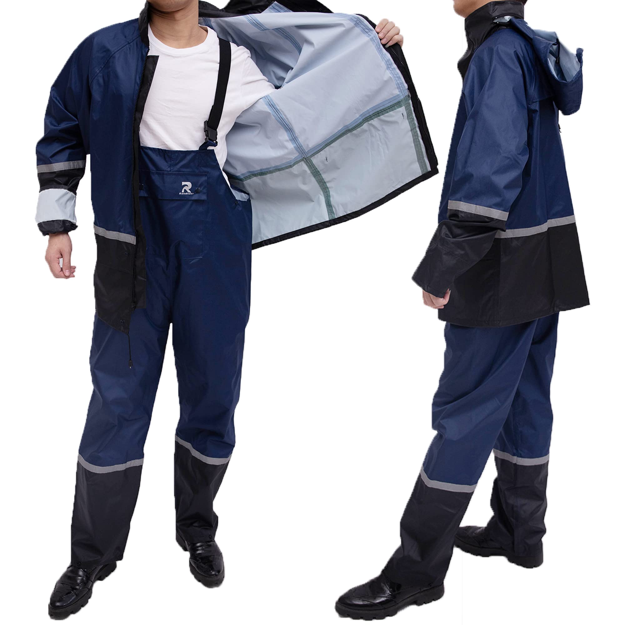 RainRider Rain Suits for Men Women Waterproof Hi-Vis Rain Gear Durable Oxford Rain Jacket Coat with Pants(Navy,M)