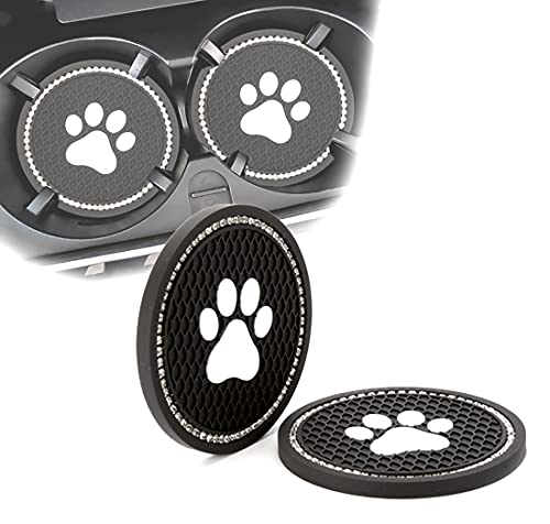 JIMAT Bling 2 Pack PAW Car Coasters for Cup Holders in Holder Set Accesories Crystal Vehicle Interior Accessories Mats Women Lady Girl 2.75in Diameter (Black) (JM-8698)