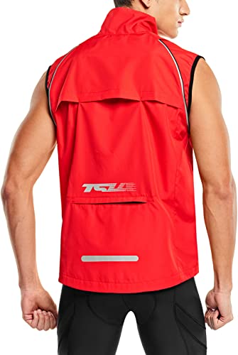 TSLA Men's Cycling Jacket with Removable Sleeves, Reflective Vest Windbreaker, Lightweight Waterproof Running Jackets, Cycling Red, Small