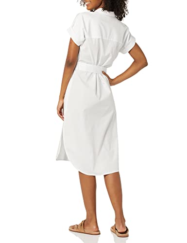 Amazon Essentials Women's Relaxed Fit Short Sleeve Button Front Belted Shirt Dress, White, Large