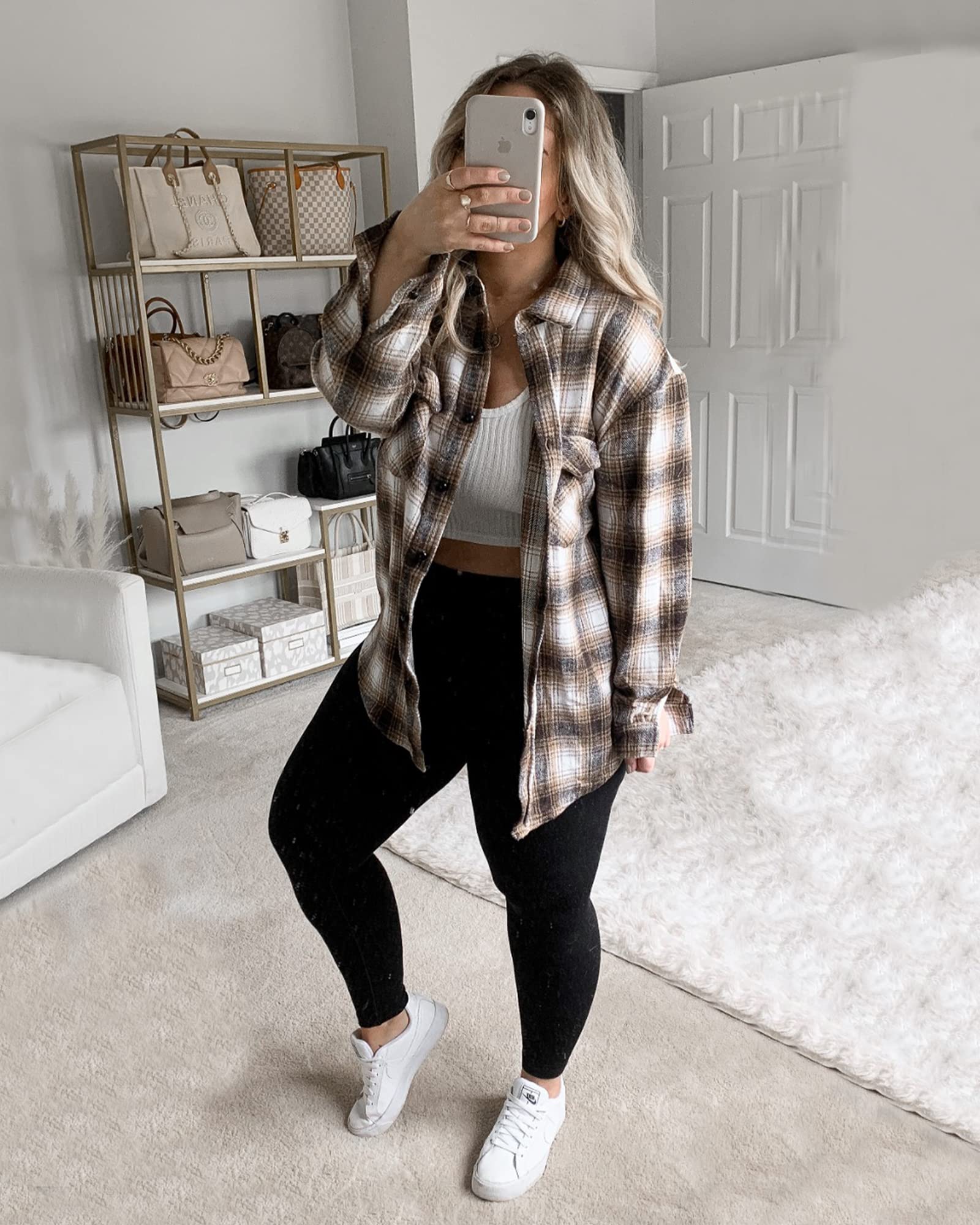BTFBM Womens Plaid Jacket Long Sleeve Button Down Casual Flannel Shacket Shirts Loose Fall Spring Blouses Tops 2025(Plaid Brown, Large)