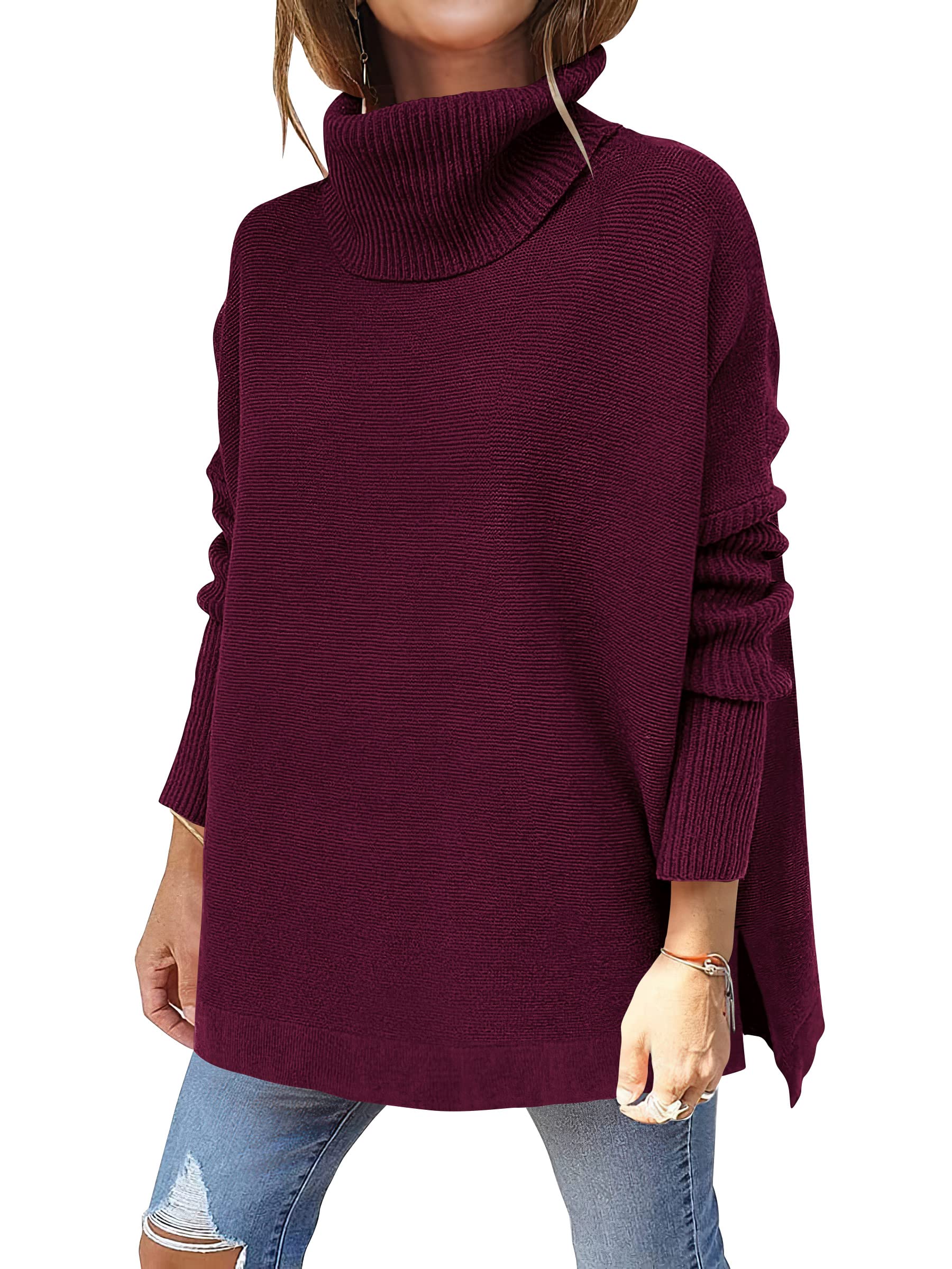 ANRABESS Women's Oversized Turtleneck Batwing Sleeve Spilt Casual Loose Knit Tunic Pullover Sweater Tops 2025 Fall Outfits Wine Red Small