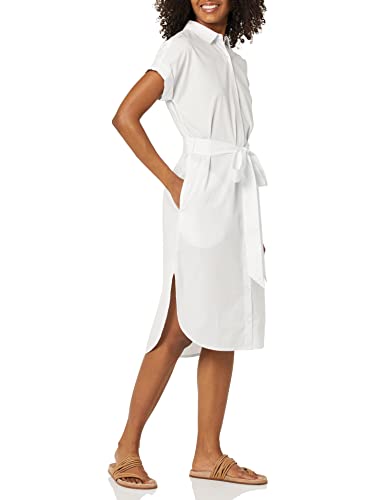 Amazon Essentials Women's Relaxed Fit Short Sleeve Button Front Belted Shirt Dress, White, Large