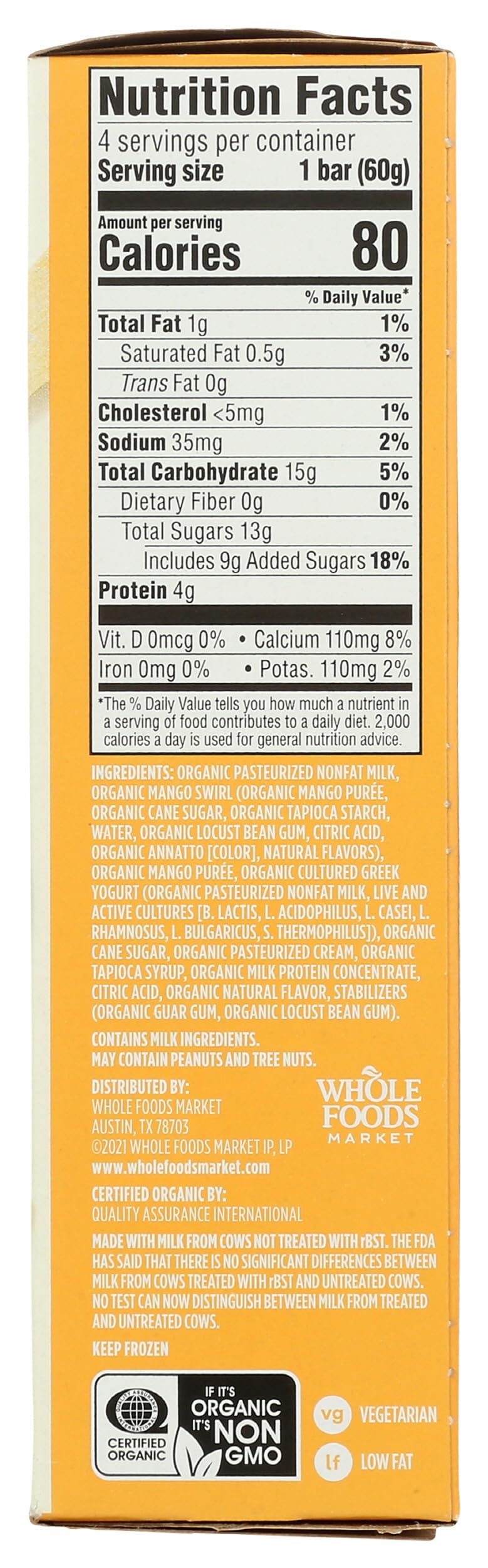 365 By Whole Foods Market, Frozen, Bar Greek Yogurt Mango Organic, 10 Ounce