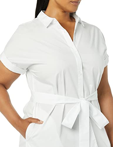 Amazon Essentials Women's Relaxed Fit Short Sleeve Button Front Belted Shirt Dress, White, Large