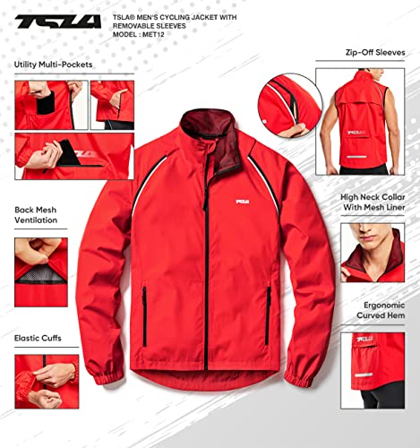 TSLA Men's Cycling Jacket with Removable Sleeves, Reflective Vest Windbreaker, Lightweight Waterproof Running Jackets, Cycling Red, Small