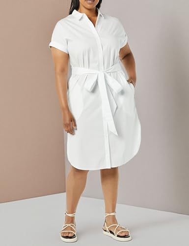 Amazon Essentials Women's Relaxed Fit Short Sleeve Button Front Belted Shirt Dress, White, Large