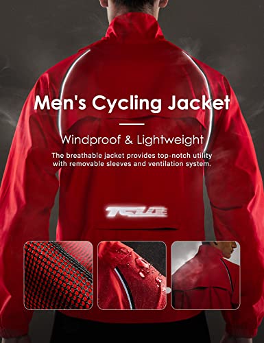 TSLA Men's Cycling Jacket with Removable Sleeves, Reflective Vest Windbreaker, Lightweight Waterproof Running Jackets, Cycling Red, Small