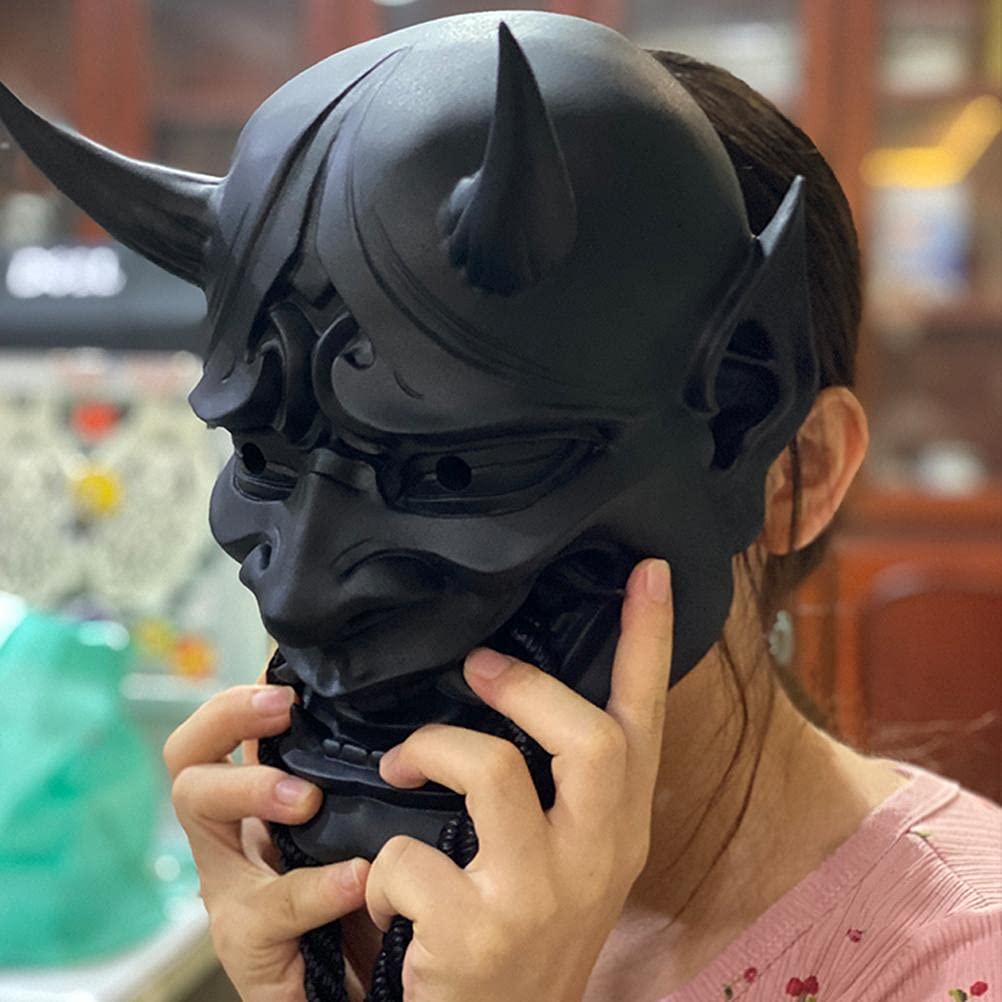 Boxwizard Samurai Oni Mask, Japanese Cosplay Latex Mask Anime Face Cover Ghostface Mask for Halloween Party (Black)