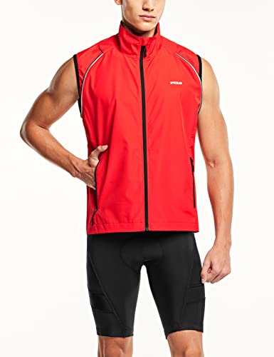 TSLA Men's Cycling Jacket with Removable Sleeves, Reflective Vest Windbreaker, Lightweight Waterproof Running Jackets, Cycling Red, Small