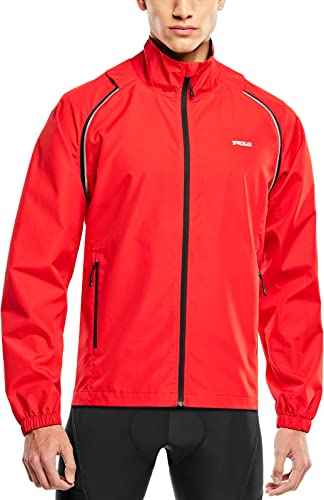 TSLA Men's Cycling Jacket with Removable Sleeves, Reflective Vest Windbreaker, Lightweight Waterproof Running Jackets, Cycling Red, Small