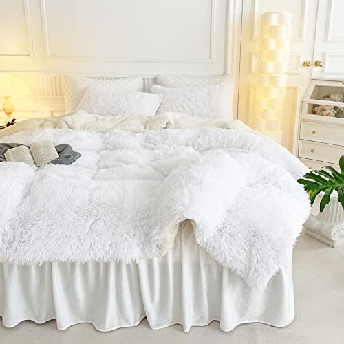 UOZZI BEDDING White Faux Fur Comforter Set Queen 3 Pieces - 1 White Shaggy Comforter Set and 2 Pillowcases, Ultra Soft and Easy Care Luxury Plush Shaggy Duvet Set