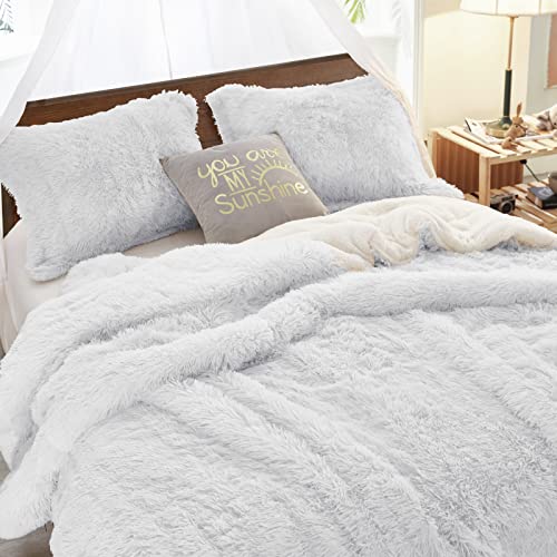 UOZZI BEDDING White Faux Fur Comforter Set Queen 3 Pieces - 1 White Shaggy Comforter Set and 2 Pillowcases, Ultra Soft and Easy Care Luxury Plush Shaggy Duvet Set