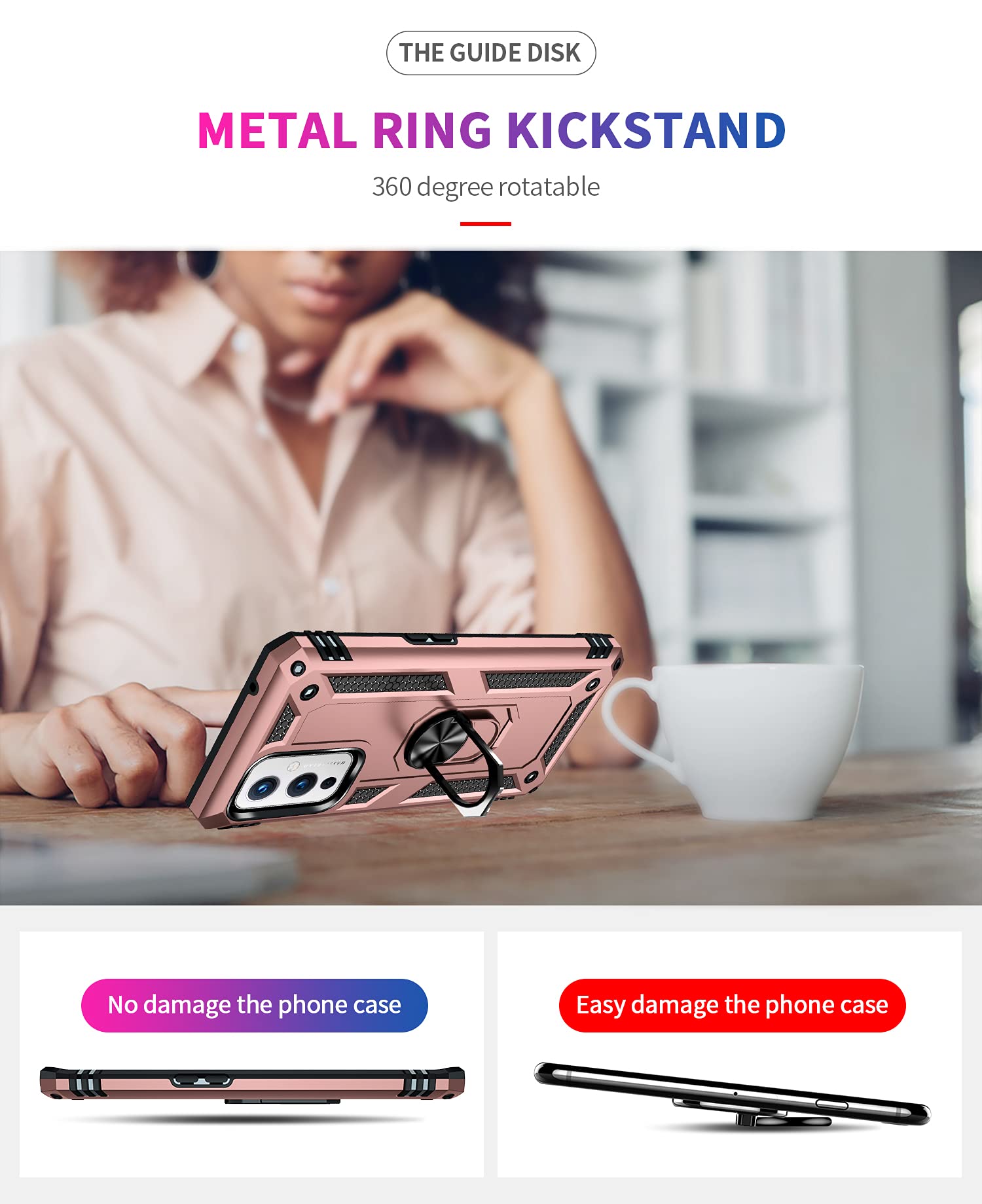 Dionsibei Military Grade Drop Impact for Oneplus 9 Case Oneplus 9 5G Case 360 Metal Rotating Ring Kickstand Holder Armor Heavy Duty Shockproof Case for Oneplus 9 Phone Case (Rose Gold)