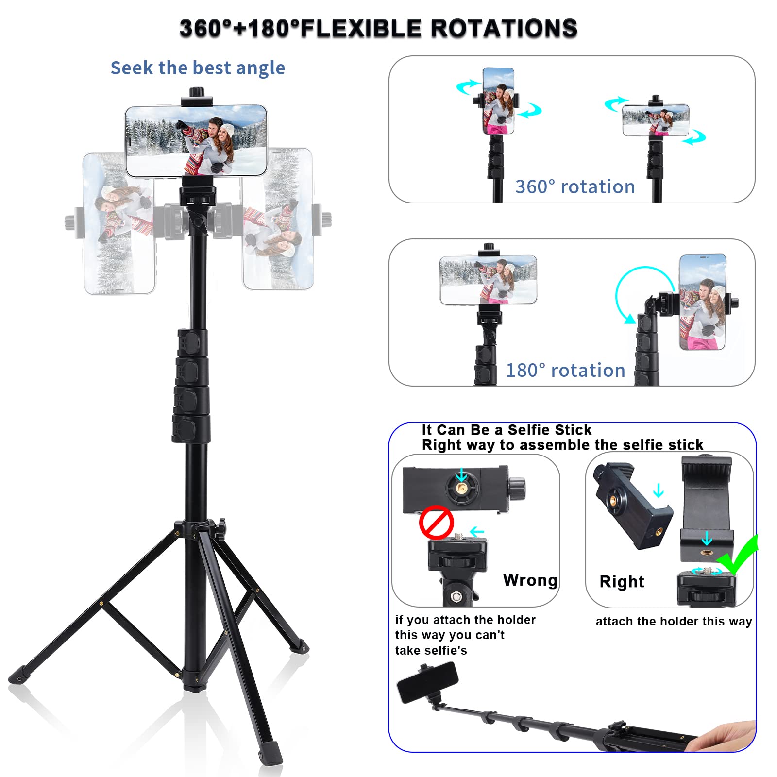 60" Selfie Tripod for iPhone with Remote Shutter Phone Holder Compatible with iPhone Android for Selfie/Video Recording/Vlogging/Live Streaming Heavy Duty Aluminum, Lightweight Tripod Black