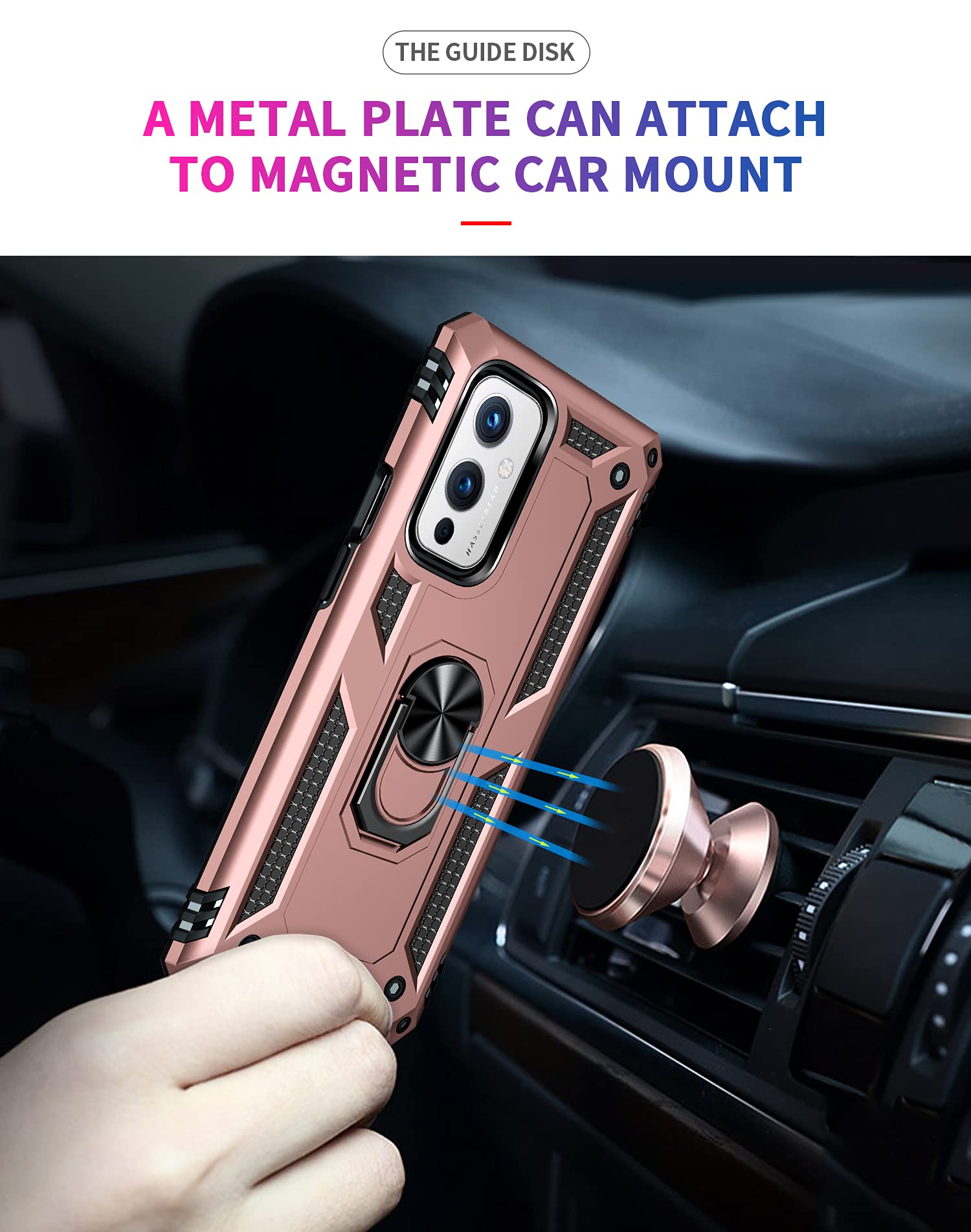 Dionsibei Military Grade Drop Impact for Oneplus 9 Case Oneplus 9 5G Case 360 Metal Rotating Ring Kickstand Holder Armor Heavy Duty Shockproof Case for Oneplus 9 Phone Case (Rose Gold)