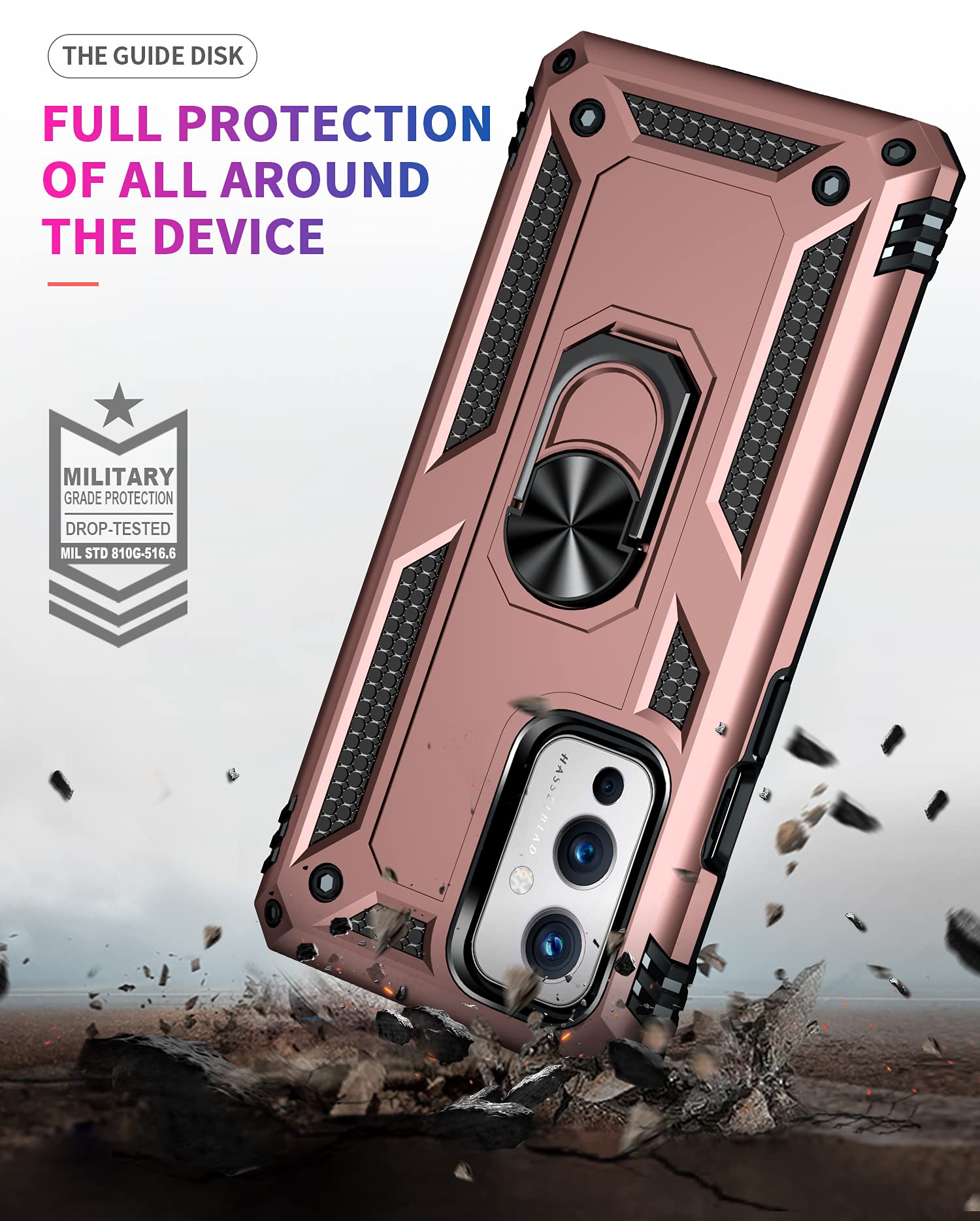Dionsibei Military Grade Drop Impact for Oneplus 9 Case Oneplus 9 5G Case 360 Metal Rotating Ring Kickstand Holder Armor Heavy Duty Shockproof Case for Oneplus 9 Phone Case (Rose Gold)